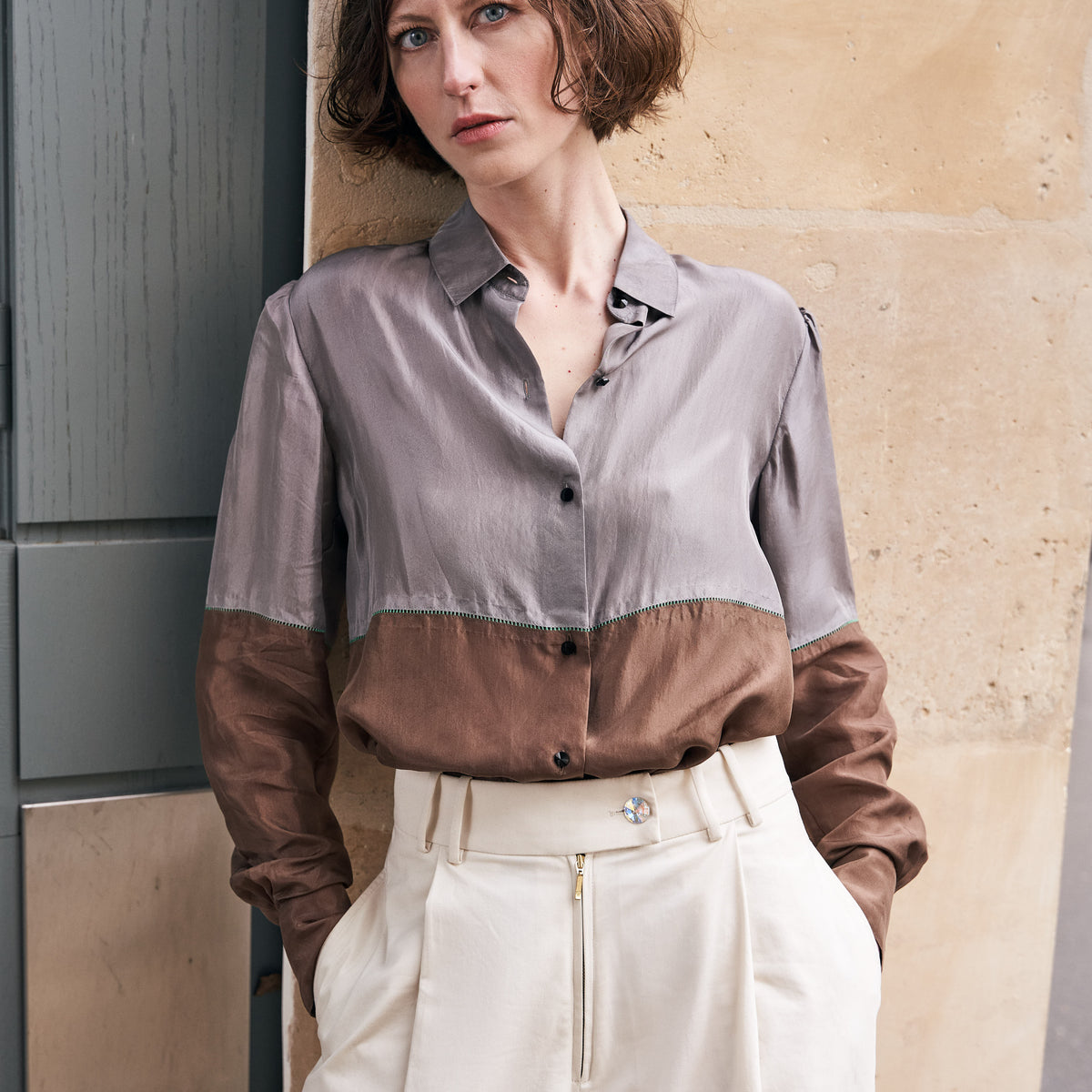HALF GREY, HALF BROWN SHIRT – Sonam Khetan